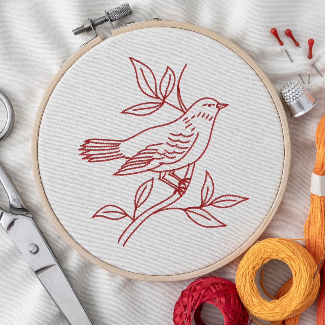 Bluebird Embroidery Design, DIY Hand Stitch Redwork Pattern PDF ...