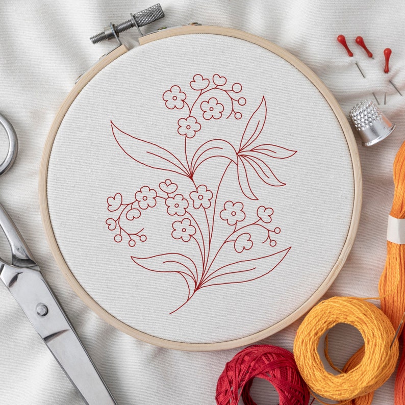 Forget Me Not Flower Embroidery Design, Floral DIY Hand Stitch Redwork ...