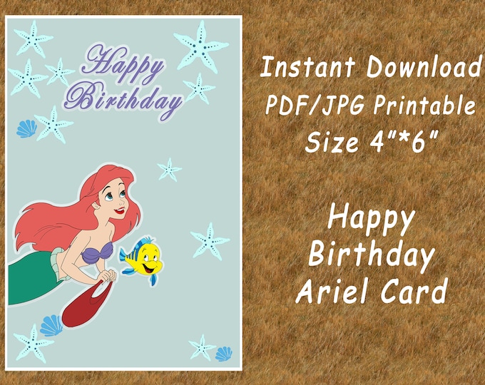 Printable Little Mermaid Ariel Happy Birthday Card for Kids Girls ...