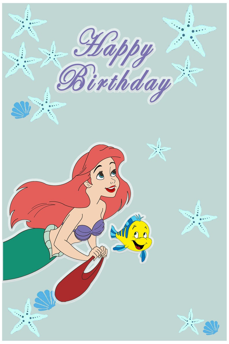 Printable Little Mermaid Ariel Happy Birthday Card for Kids Girls ...