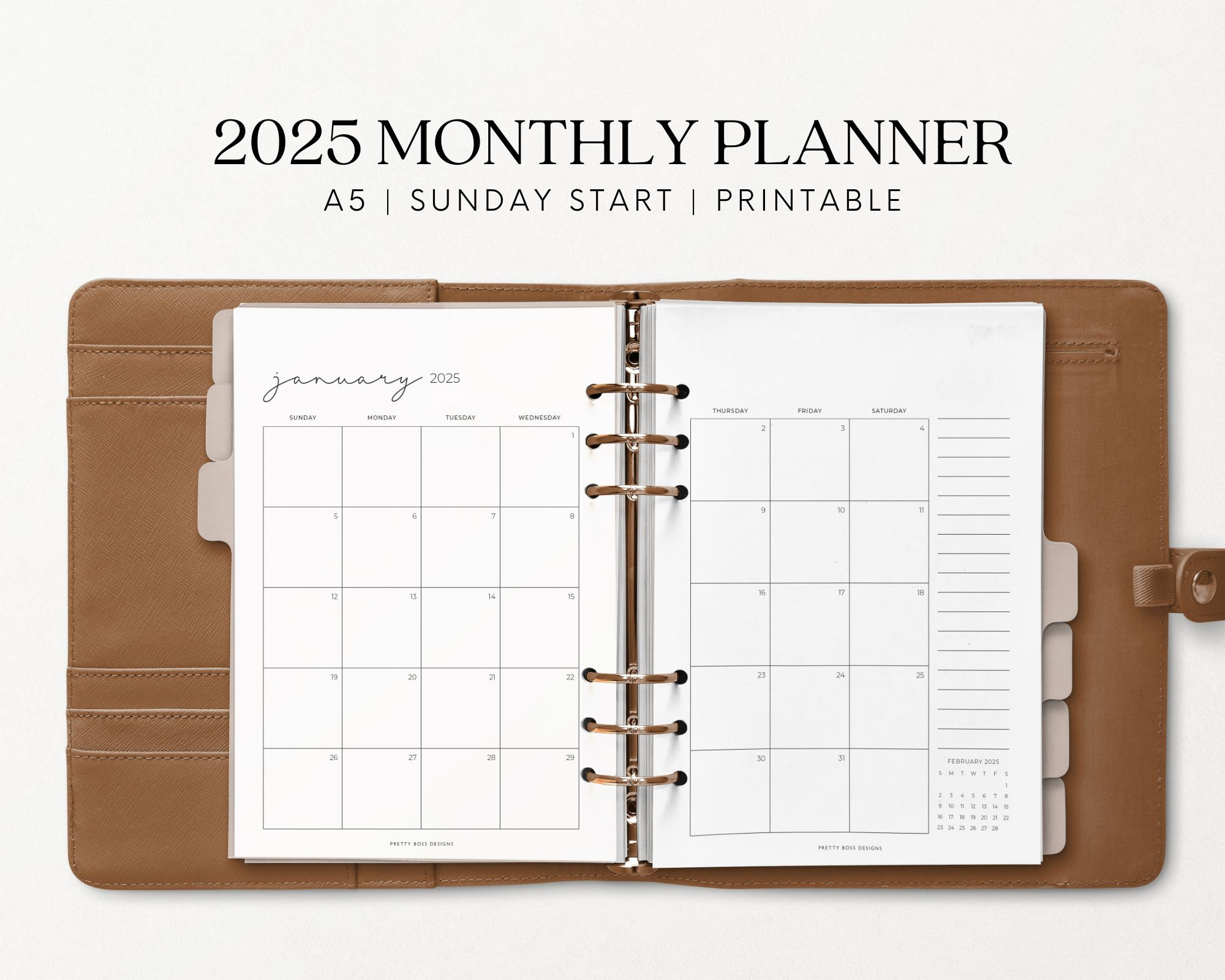 2025 A5 Monthly Planner Printable Inserts, Minimalist Planner Sunday ...