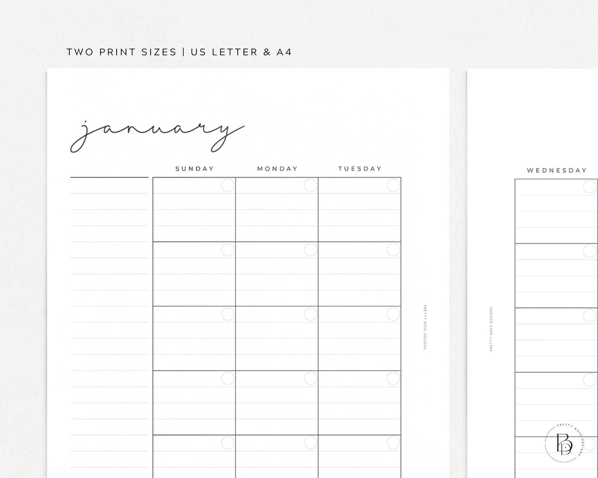 Printable Monthly Calendar With Lines, Undated Monthly Planner A4 & US ...