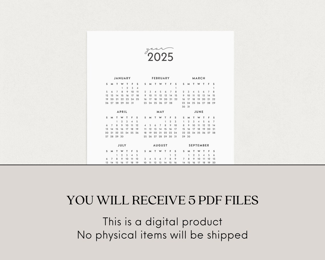 Printable 2025 Calendar A5 Year at a Glance US Letter Size Planner ...