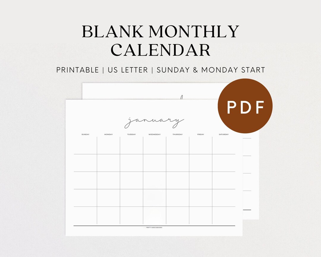 Blank Monthly Calendar Printable Minimalist US Letter Size Sunday Start ...