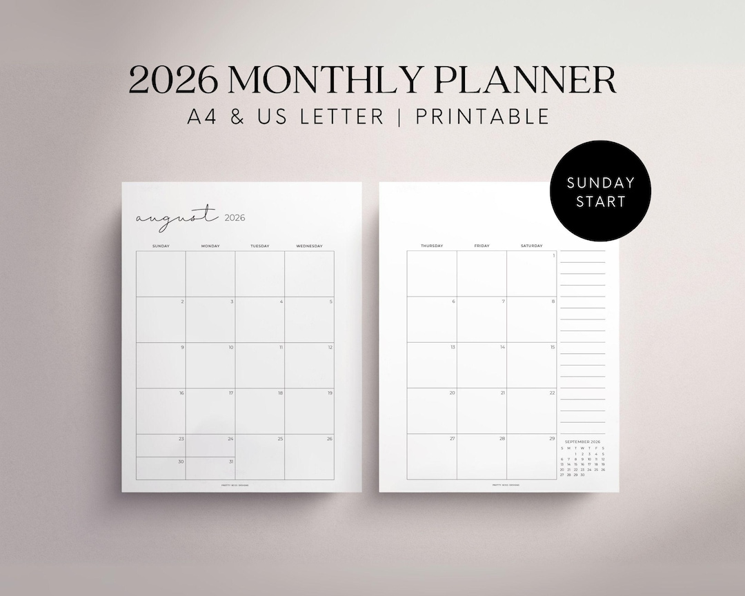 Monthly Planner 2026 Printable Minimalist Calendar Month at a Glance A4 ...