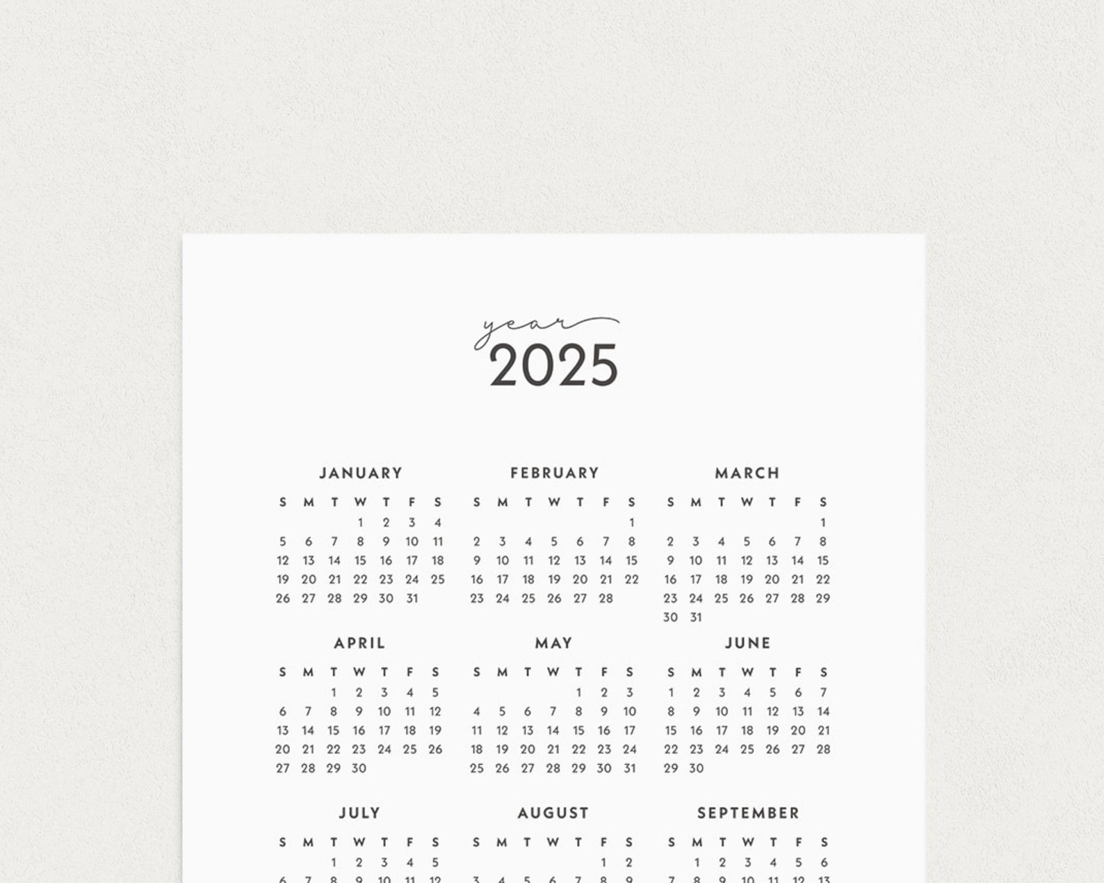 Printable 2025 Calendar A5 Year at a Glance US Letter Size Planner ...