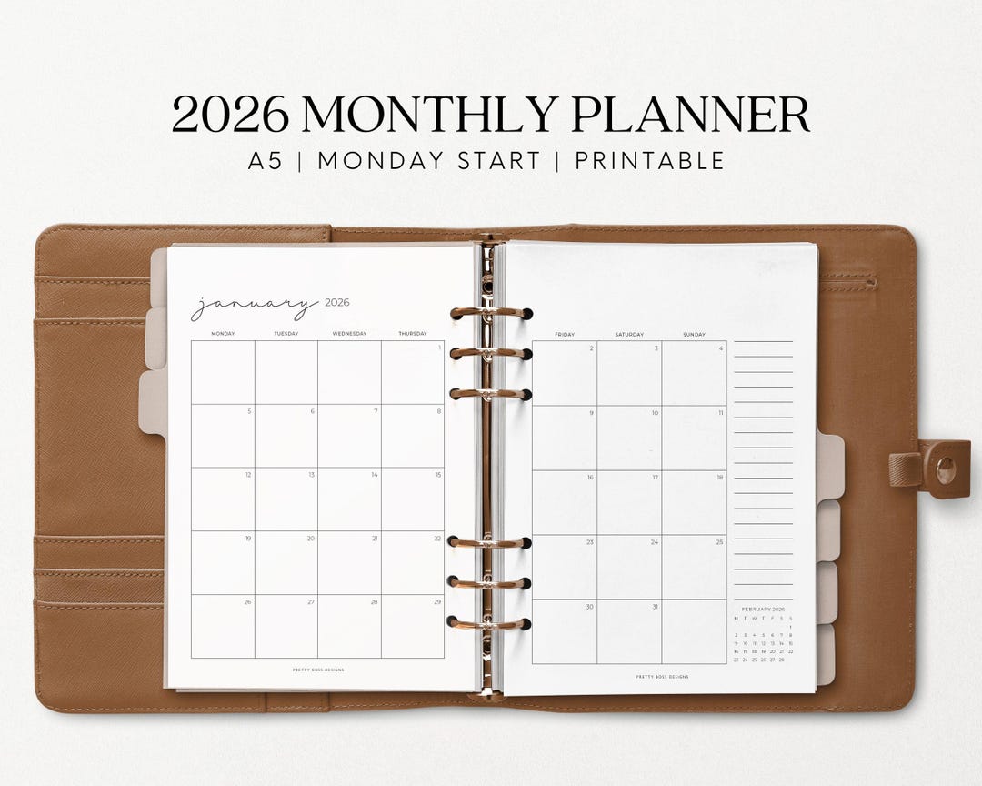 A5 Monthly Planner Refill 2026 Printable 2 Page Calendar Insert Monday ...