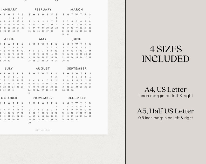 2025 Calendar Sheet Year at a Glance Printable Minimalist Calendar A4 ...