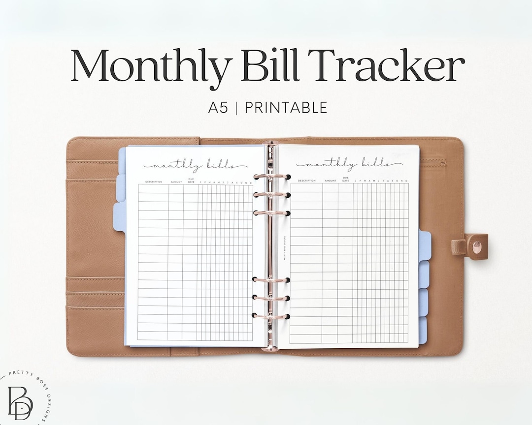 A5 Bill Tracker Monthly Bill Payment Printable Minimalist Planner ...