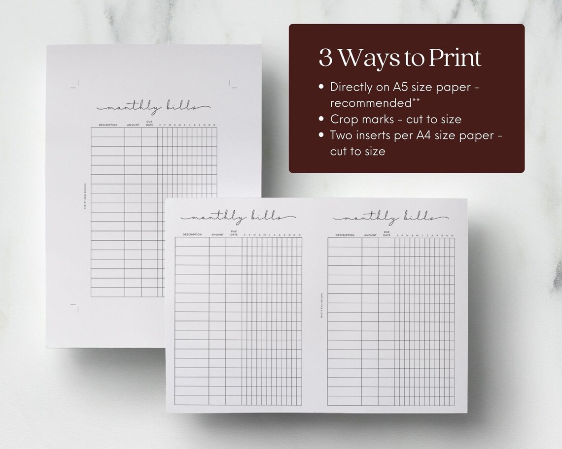 A5 Bill Tracker Monthly Bill Payment Printable Minimalist Planner ...