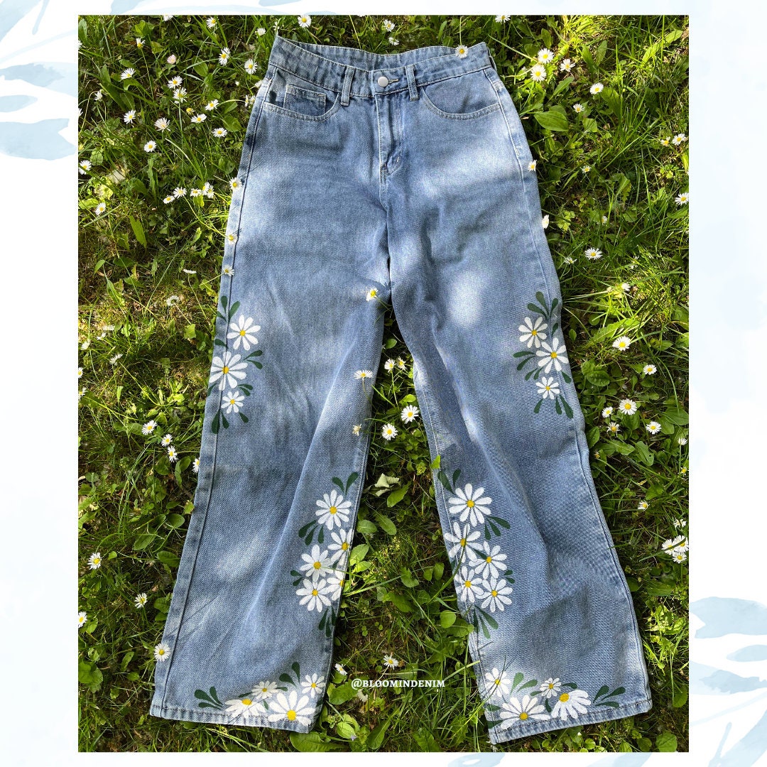 Hand-painted Daisy Floral Wide-leg High Waist Jeans Custom Boho Flower ...