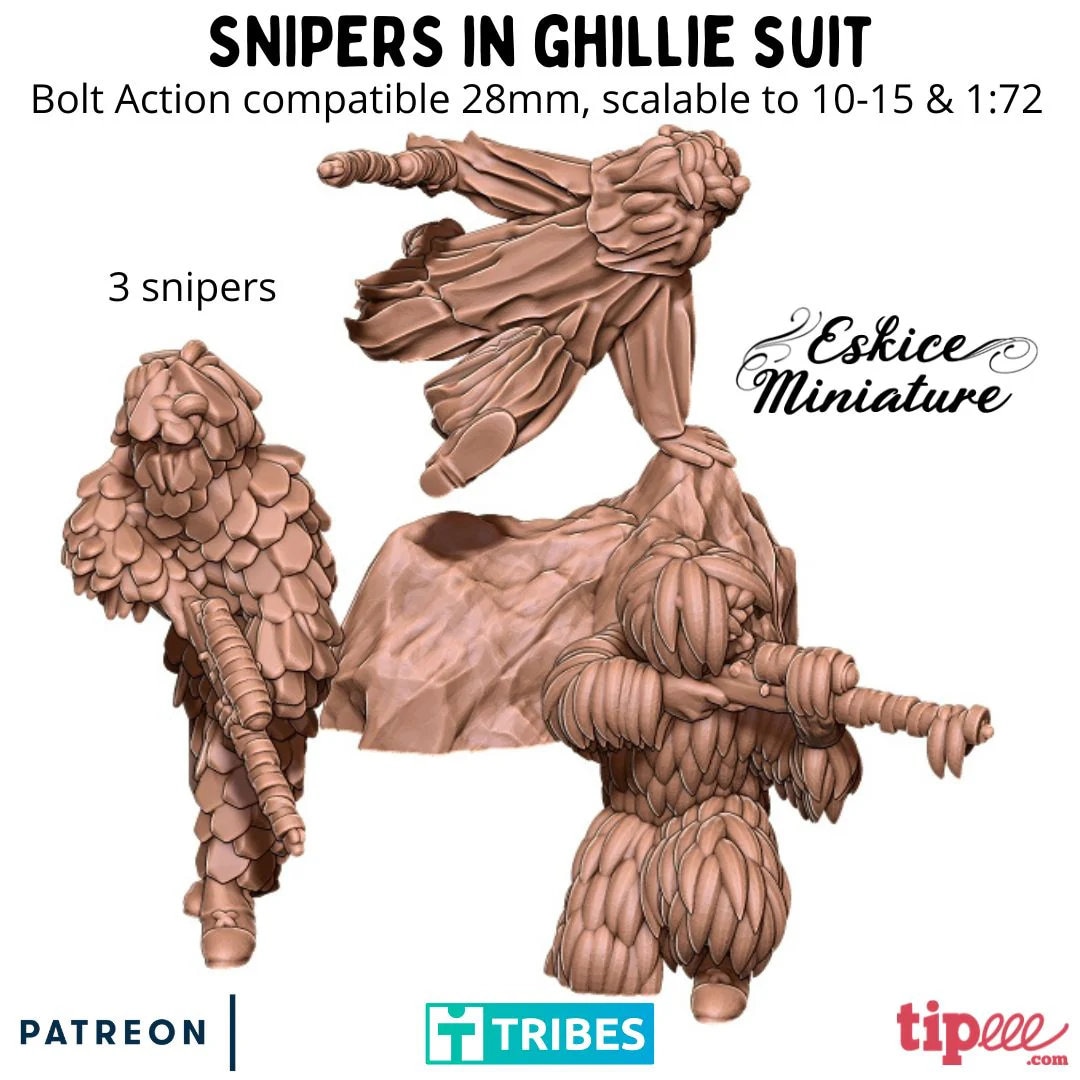 3 German Snipers in Ghillie Suit, World War II, Scale 15mm, 20mm, and ...