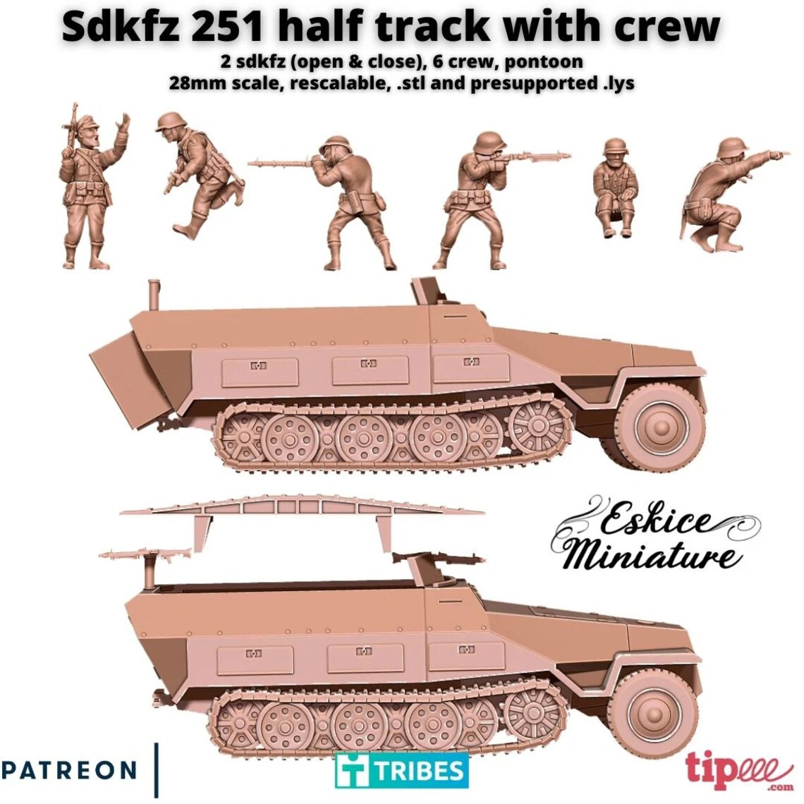 Sdkfz 251 Vehicle With 6 Crew Members, World War II, Scale 15mm, 20mm ...