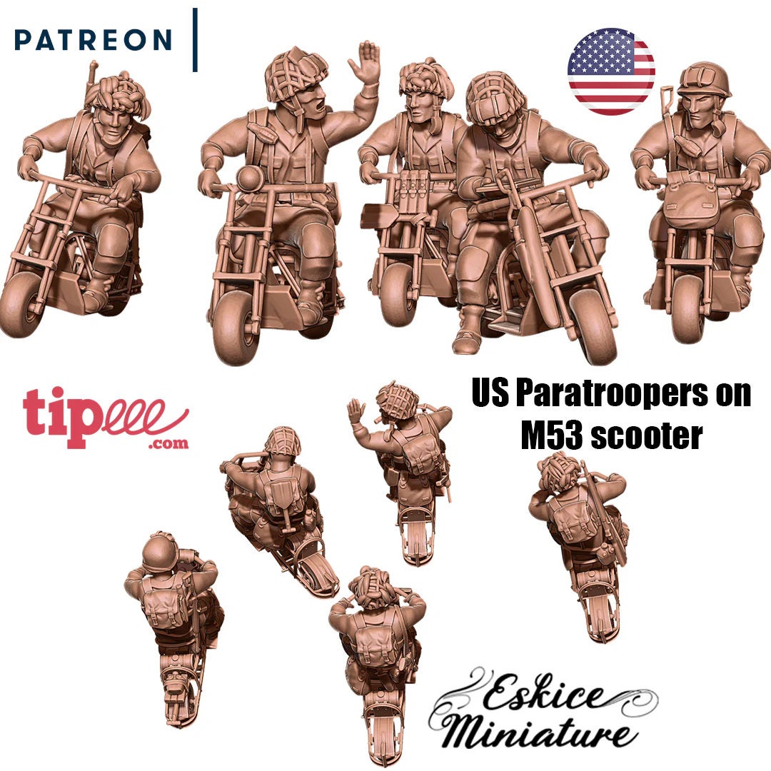 5 US Paratroopers on M53 Scooters, World War II, Scale 15mm, 20mm, and ...