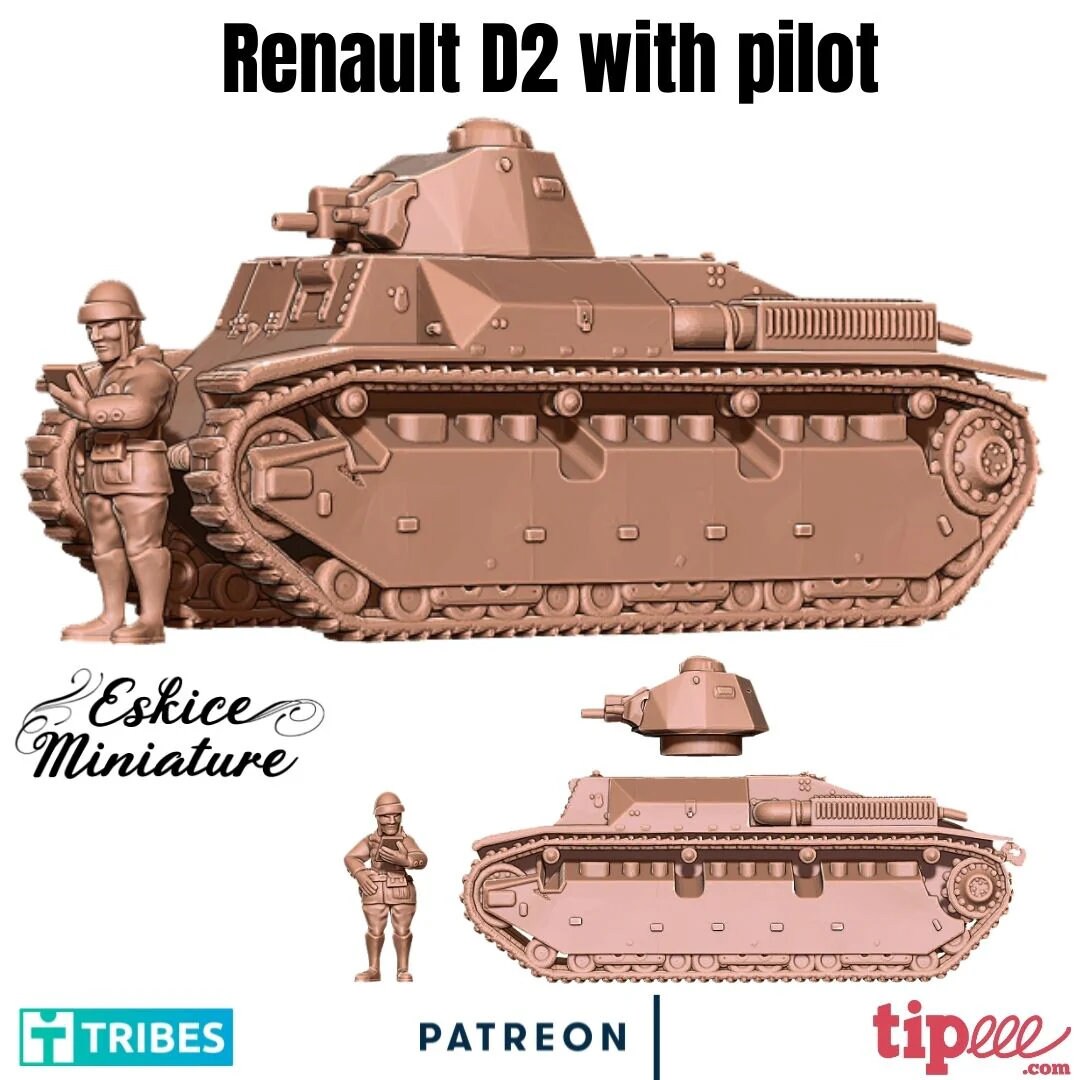 French Tank Renault D2 With Driver, Second World War, Scale 15mm, 20mm ...