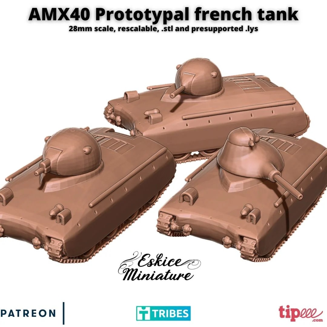 Prototype of French Tank AMX40, World War II, Scale 15mm, 20mm and 28mm ...