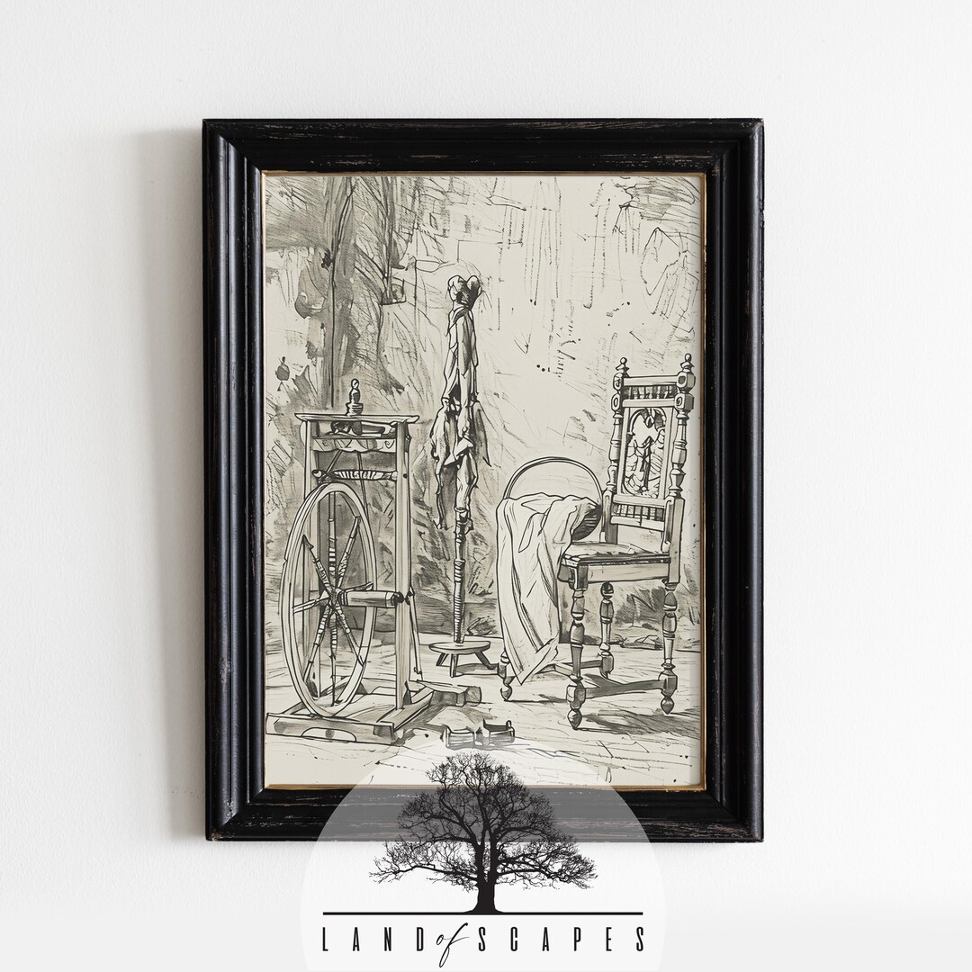 Vintage Cotton Spinning Wheel Sketch: Antique Chair Art (printable ...