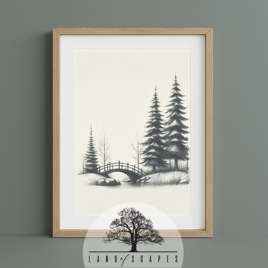Pine Tree Bridge Art Print: Vintage Landscape Drawing (digital Download ...