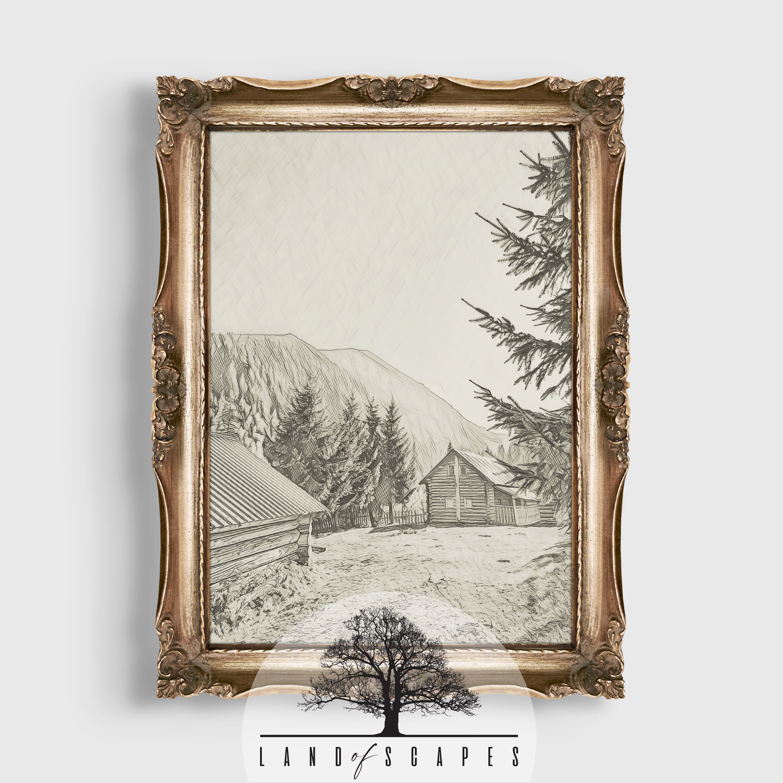 Mountain Cabin Sketch Art Vintage Style Cabin in the Woods Design Pine ...