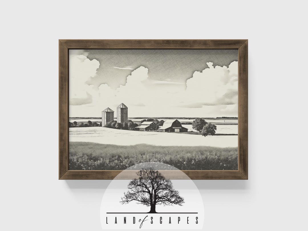 Farm Landscape Sketch Art Print: Neutral Tone Farmhouse Decor ...