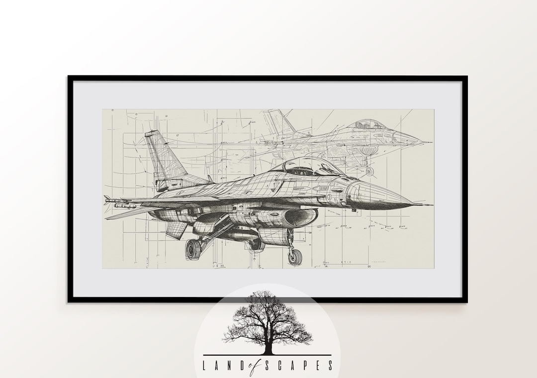 Classic Fighter Jet Sketch Style Mockup Art Print | Unique Digital ...