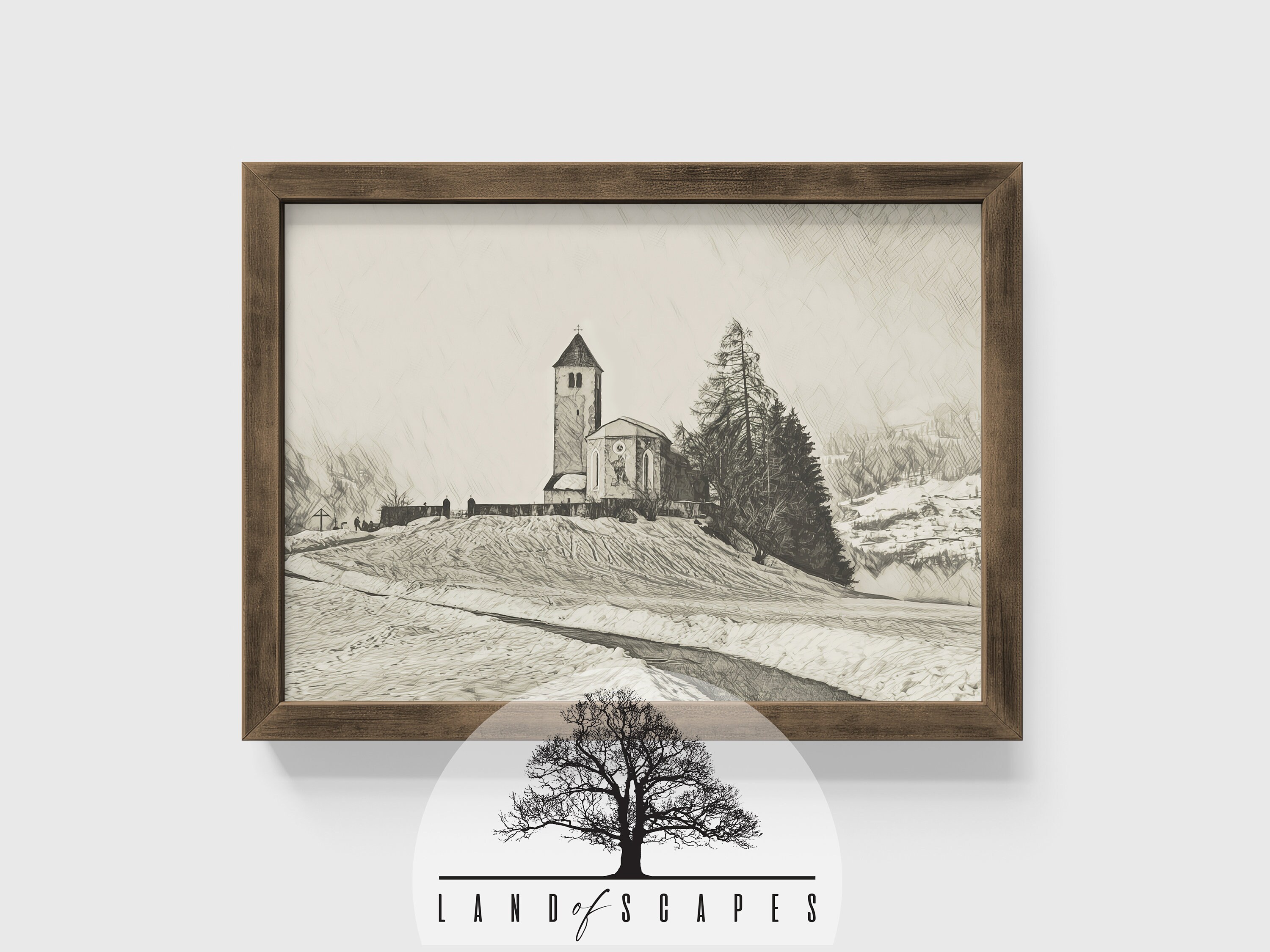 Vintage Landscape Sketch Print | Classic Church and Religious Buildings ...