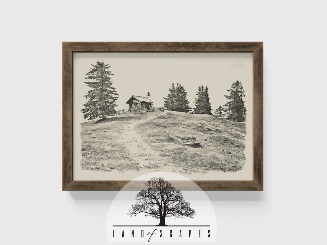 Vintage Cabin Landscape Art Print: Hillside Sketch (digital Download ...