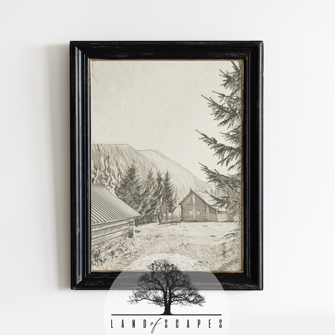Mountain Cabin Sketch Art | Vintage Style Cabin in the Woods Design ...