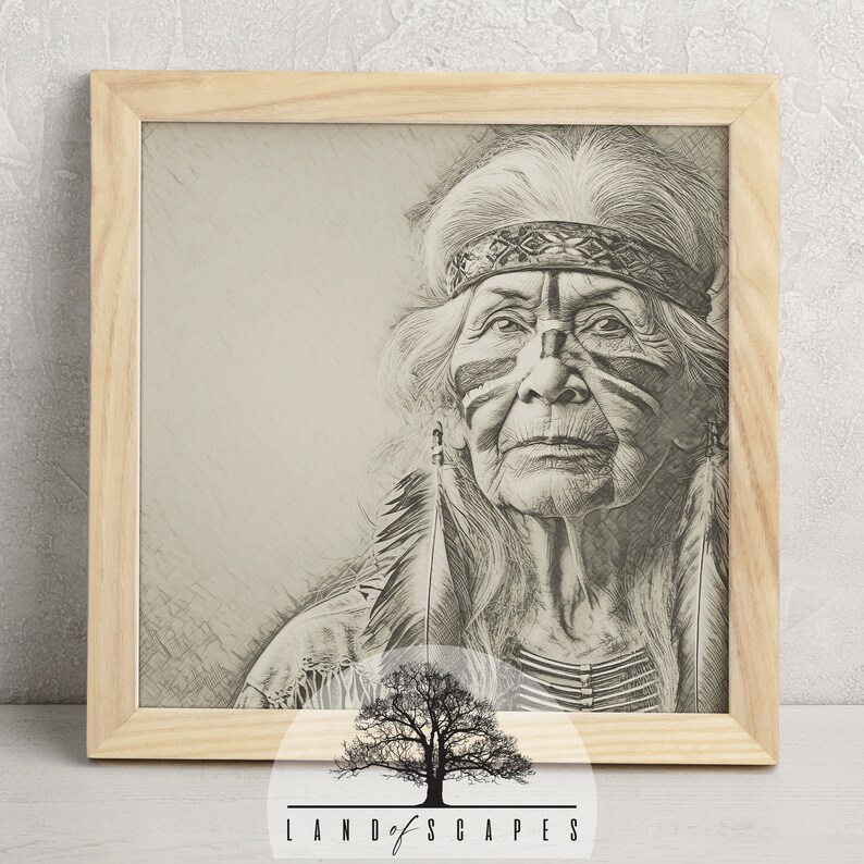 Unique Older Native American Sketch Style Portrait Indigenous People of ...