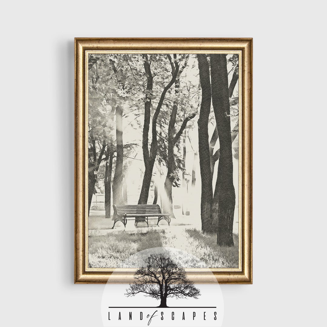 Vintage Neutral Tone Park Bench Print | Classic Peaceful Sketch Art ...