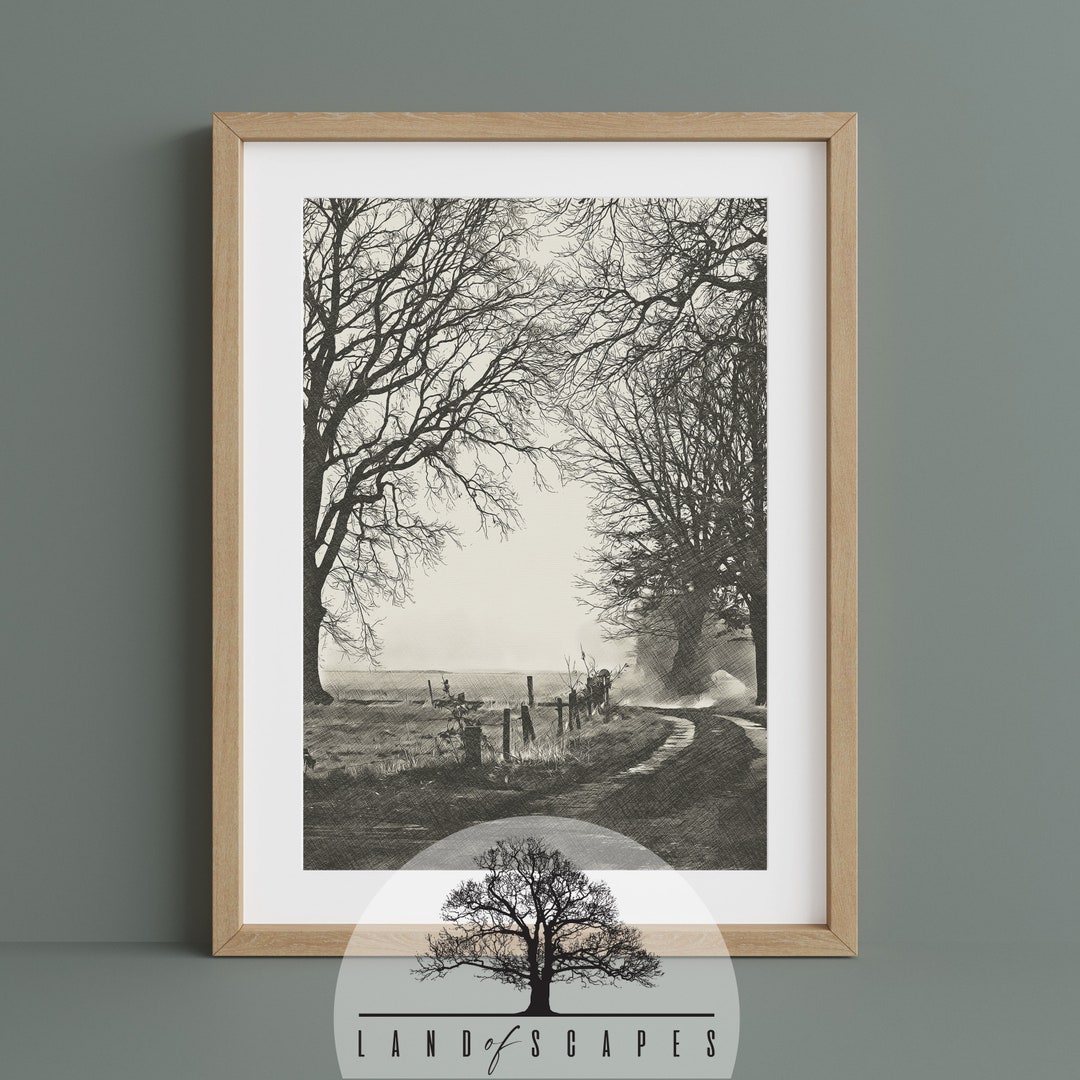 Classic Country Road Neutral Tone Art | Vintage Look Sketch Style Print ...