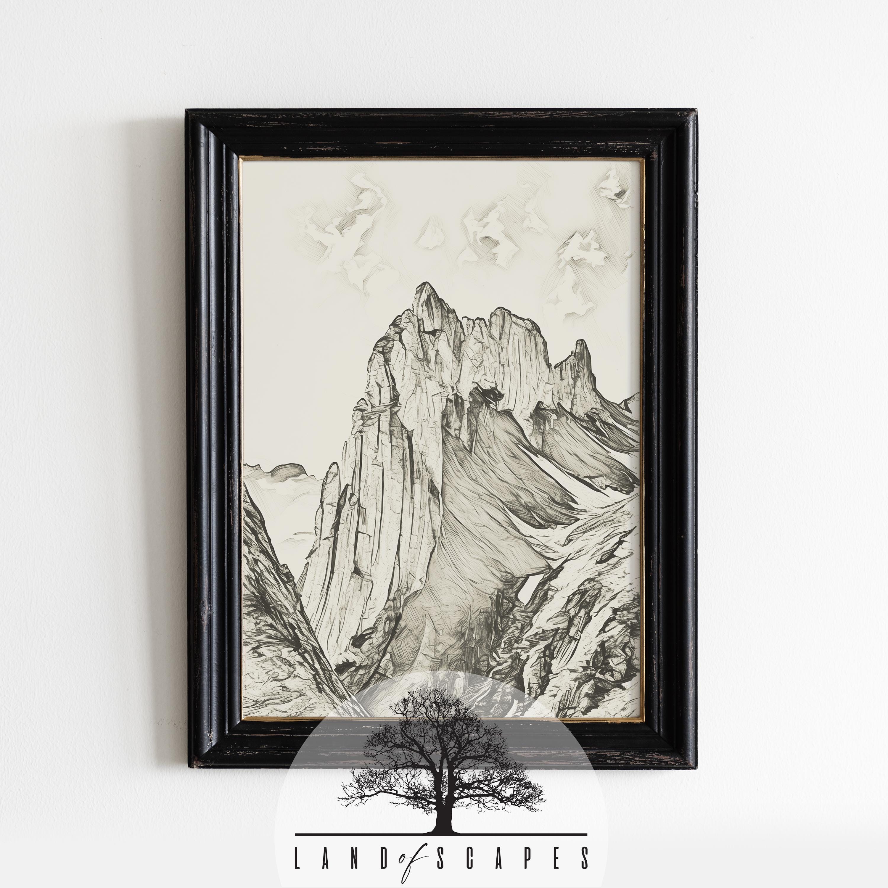 Classic Mountain Scape Sketch Style Print | Unique Neutral Tone Home ...