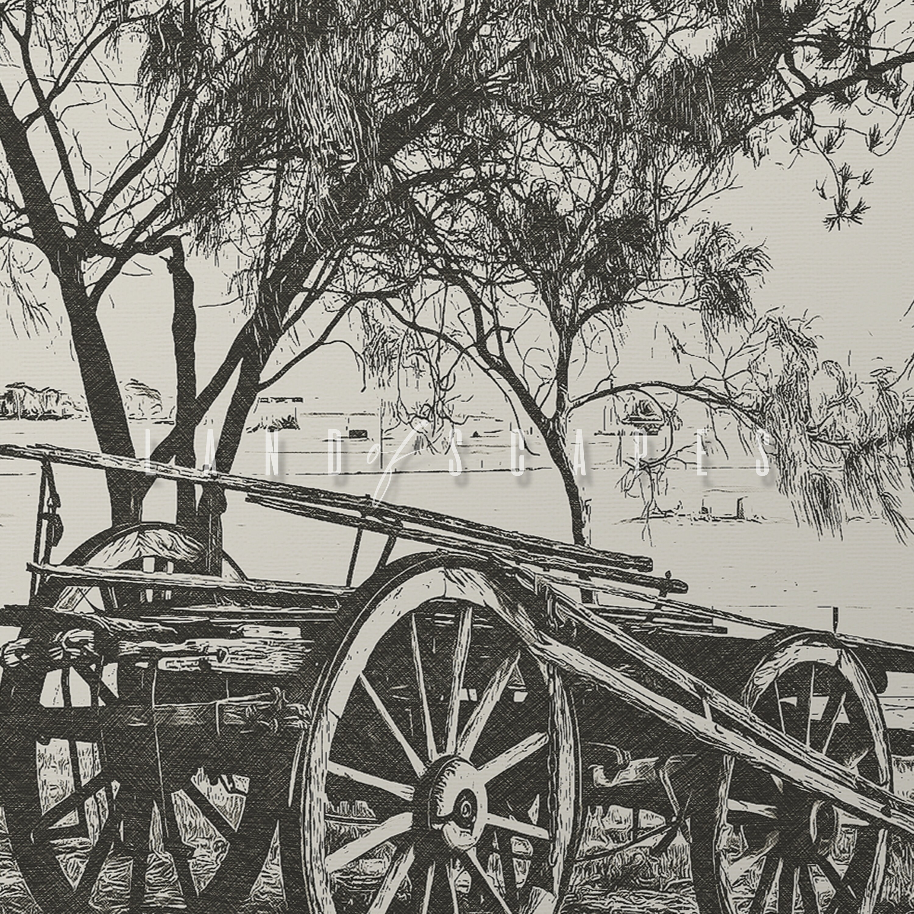 Vintage Wagon Print | Historic Wheel Cart Art | Classic Landscape Work ...