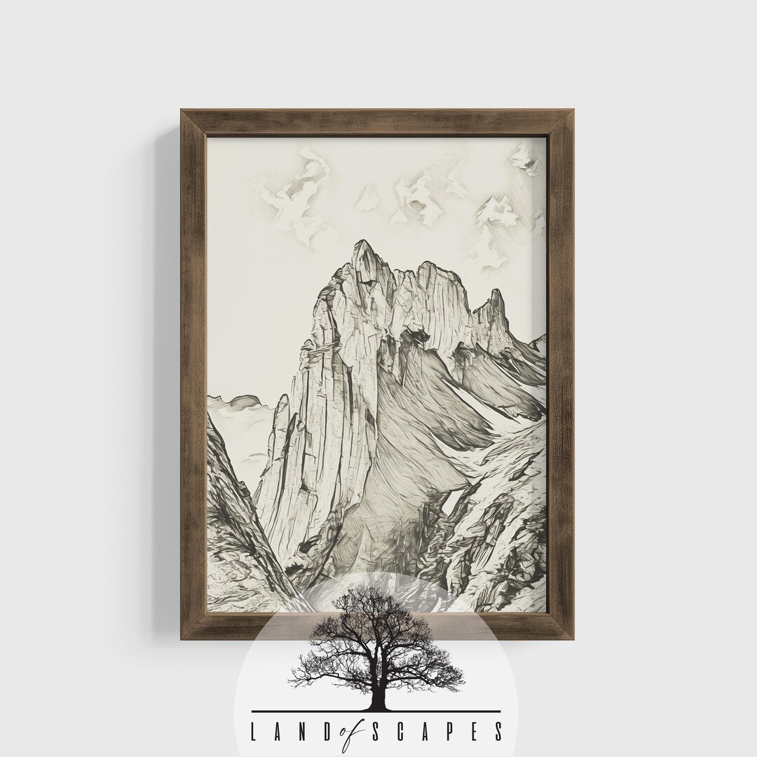 Classic Mountain Scape Sketch Style Print | Unique Neutral Tone Home ...