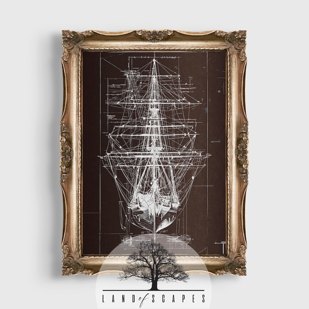 Unique Nautical Sketch Style Sailing Ship Negative Art Print | Classic ...