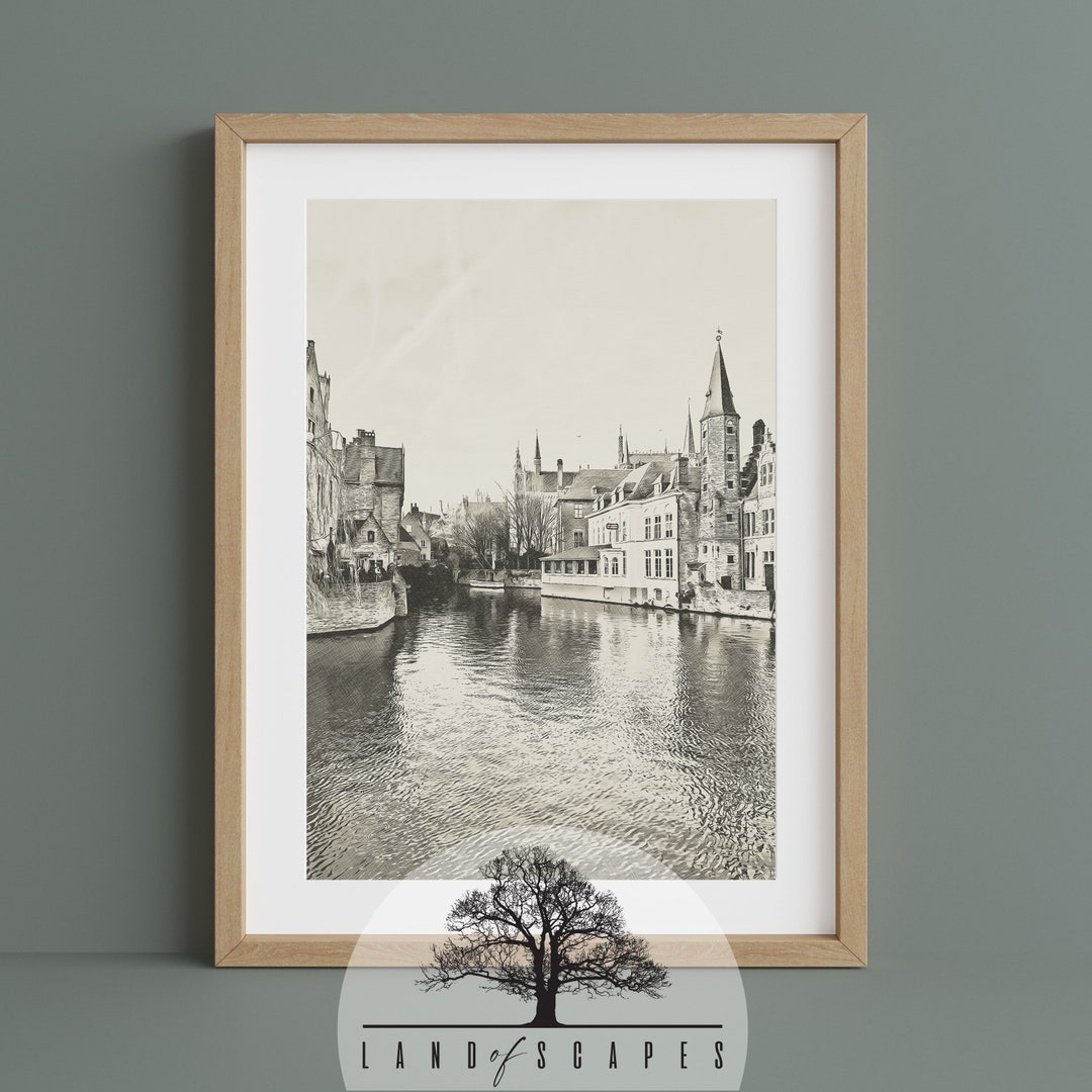 Vintage Townscape Art Print: Neutral Tone Village Sketch (printable ...