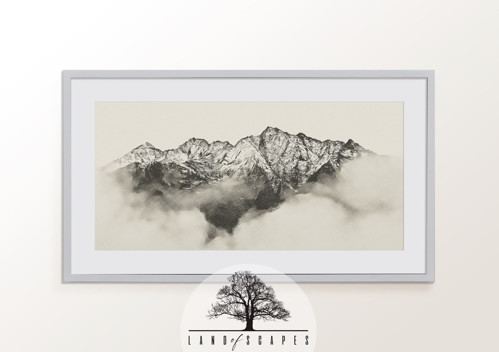 Classic Mountain Scape With Low Cloud Art | Unique Sketch Style ...
