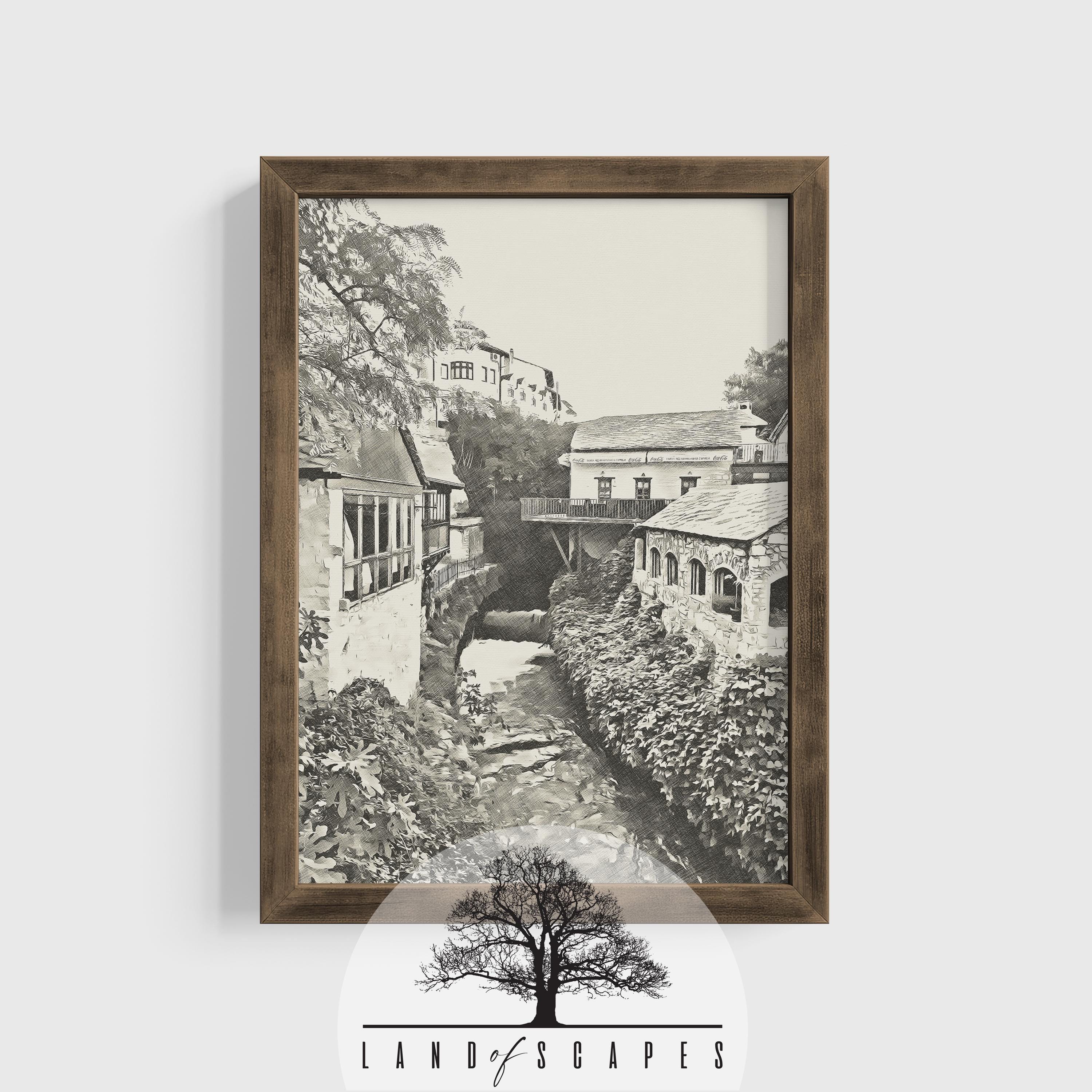 Unique Village and Stream Art | Classic Sketch Style Small Town Scene ...