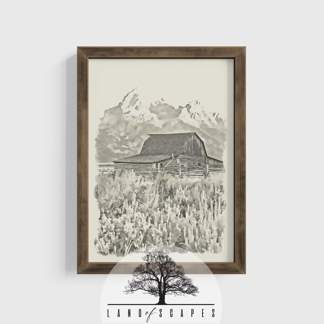 Vintage Barn Landscape Sketch: Rustic Farmhouse Wall Art (printable ...