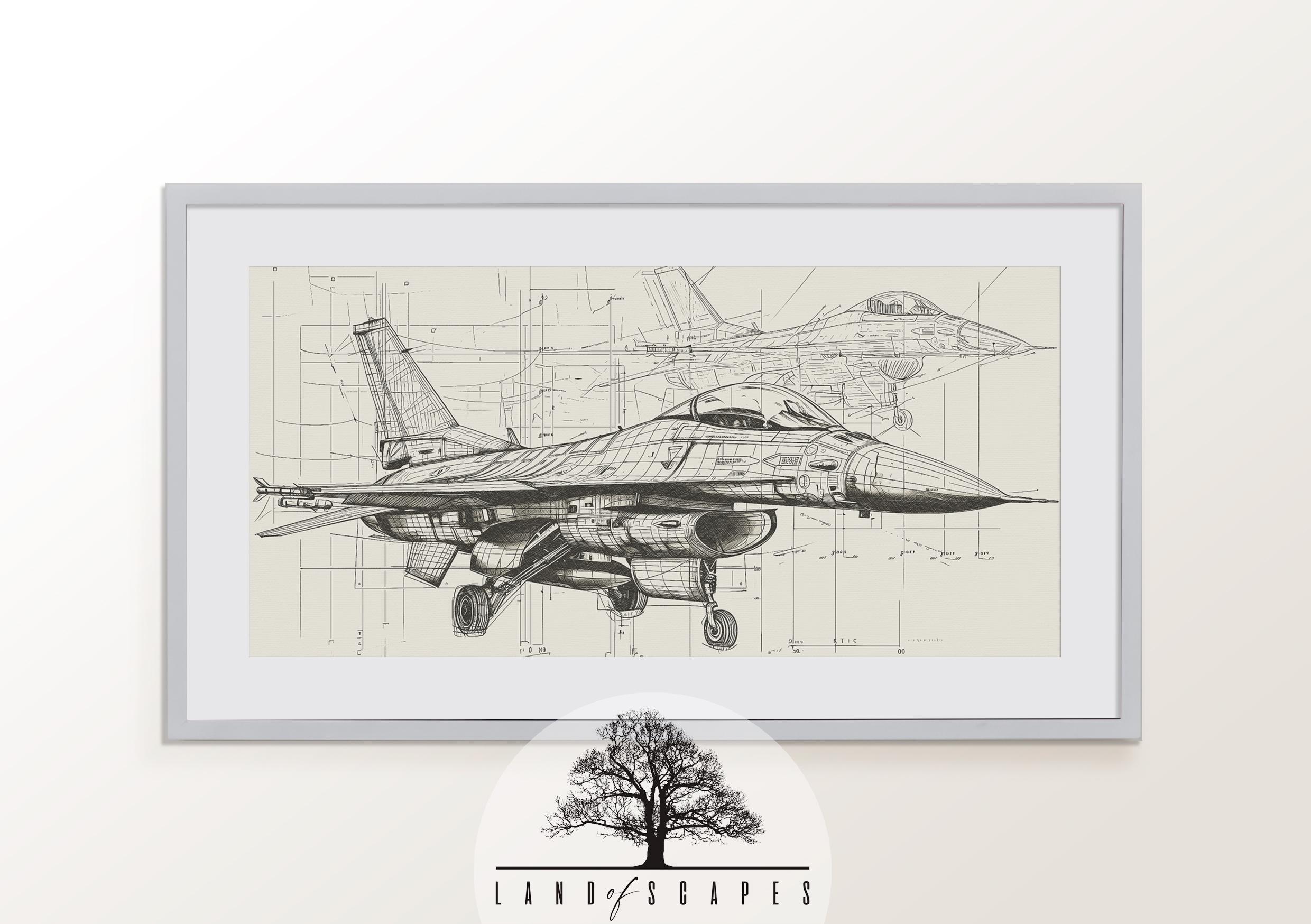 Classic Fighter Jet Sketch Style Mockup Art Print | Unique Digital ...