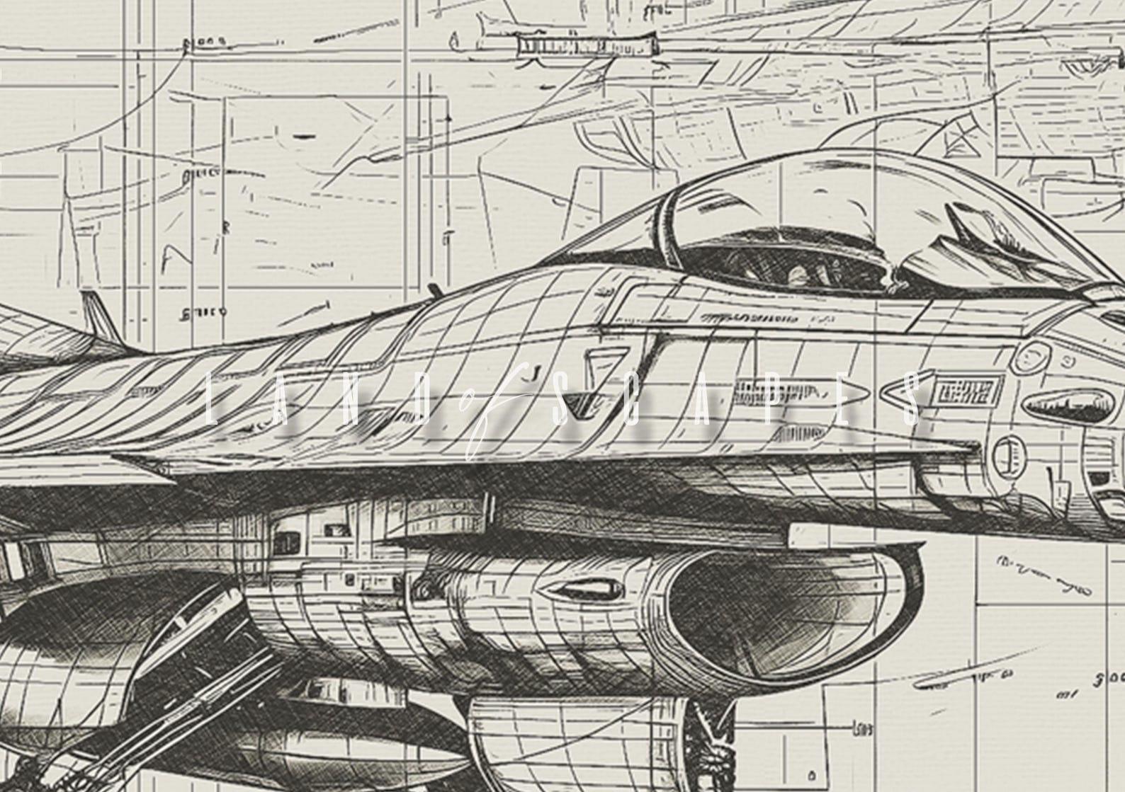 Classic Fighter Jet Sketch Style Mockup Art Print | Unique Digital ...