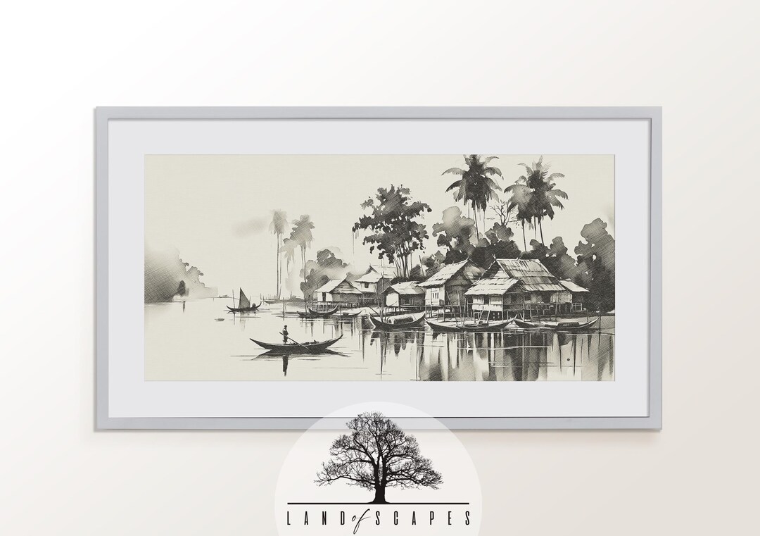 Classic Asian Village on the Water Sketch Style Art Print | Unique ...