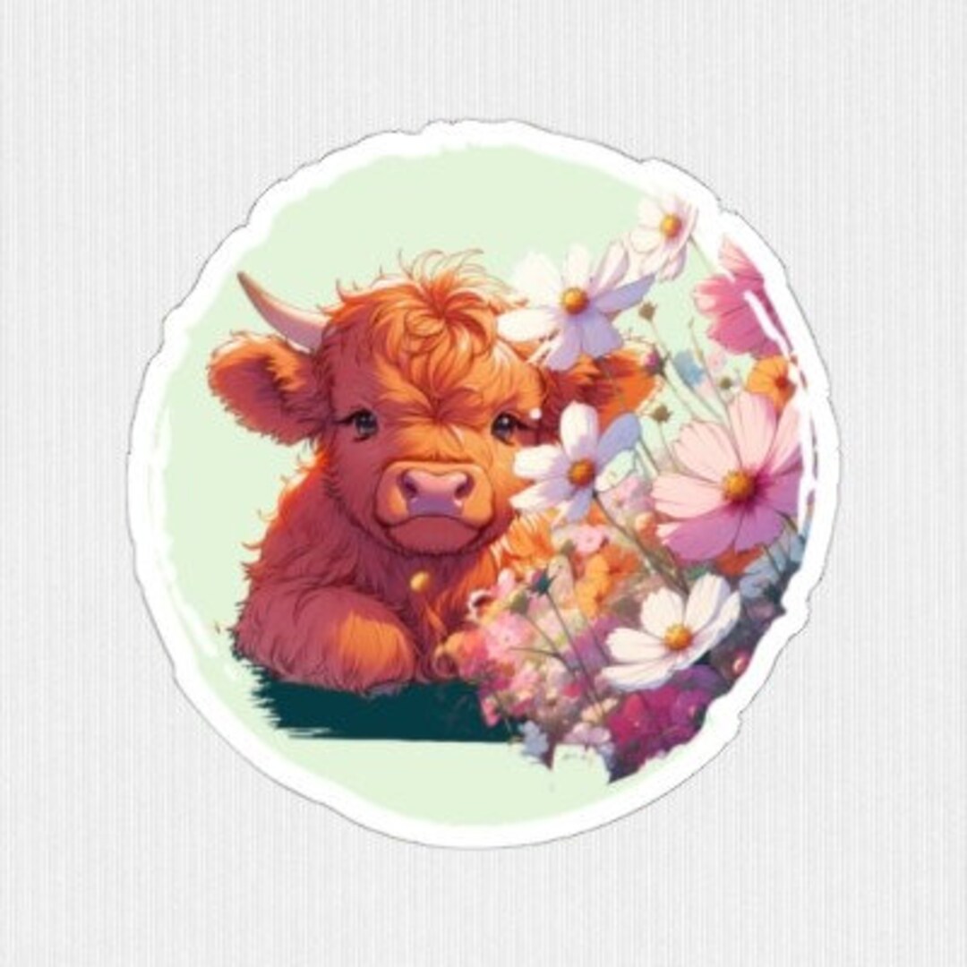 Cute Highland Cow Sticker Anime Styled Smiling Calf With Pink and White ...