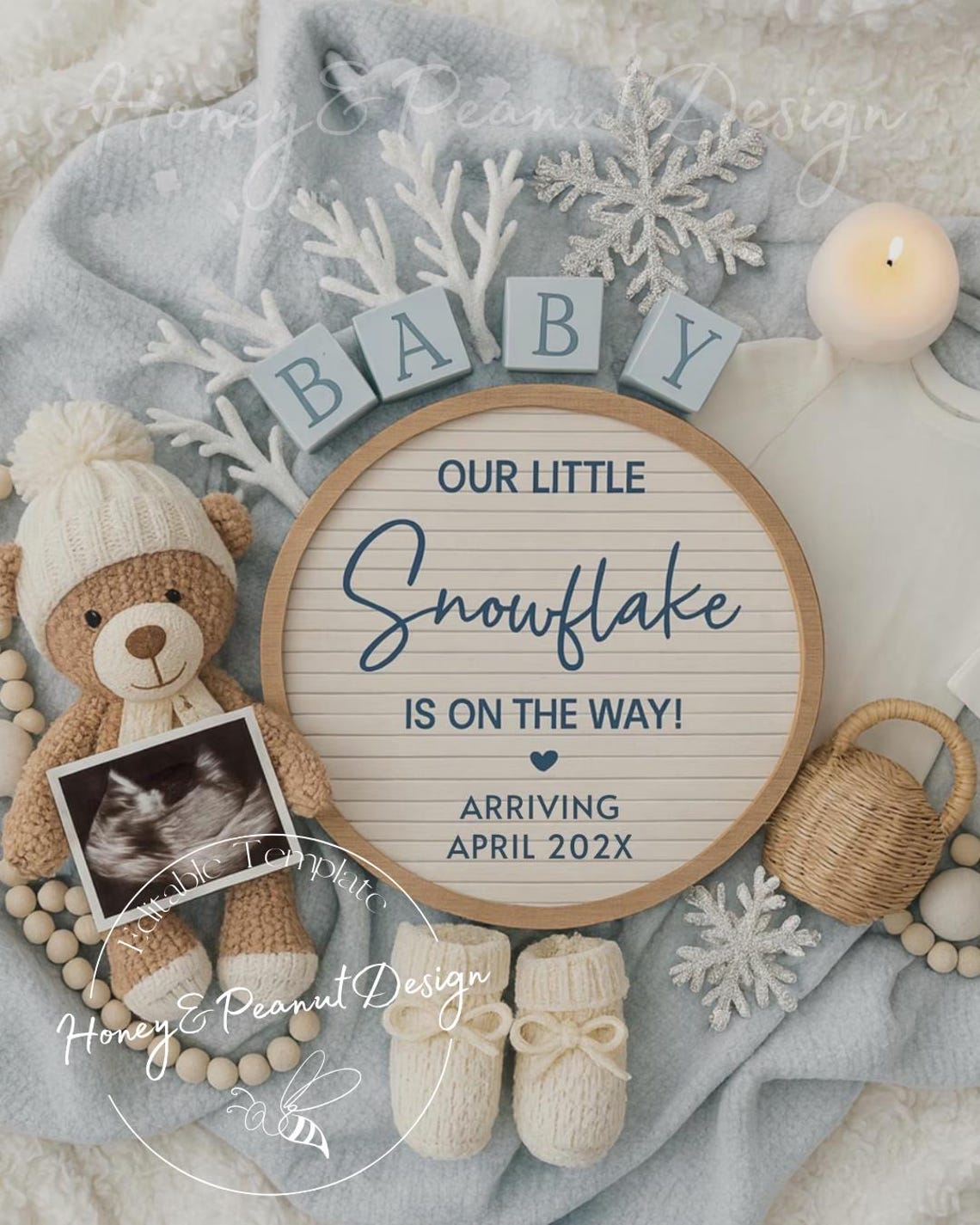 Winter Baby Announcement Template – Frosted Snowflake Design (digital ...