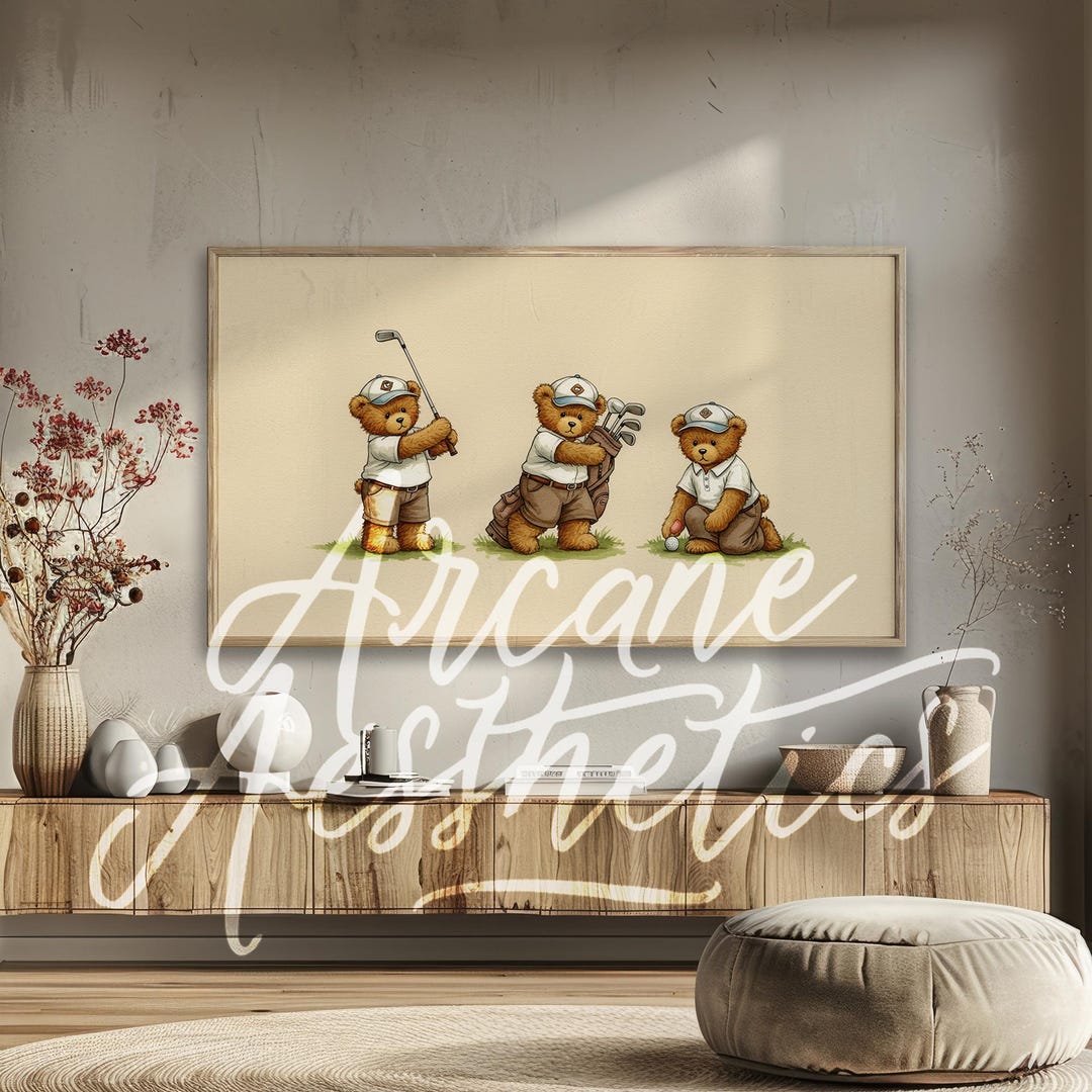 Frame Tv Vintage Golf Teddy Bear Wall Art Watercolor Illustration of ...