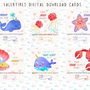 Valentines Day Cards Digital Download, Printable Sea Creature Theme ...