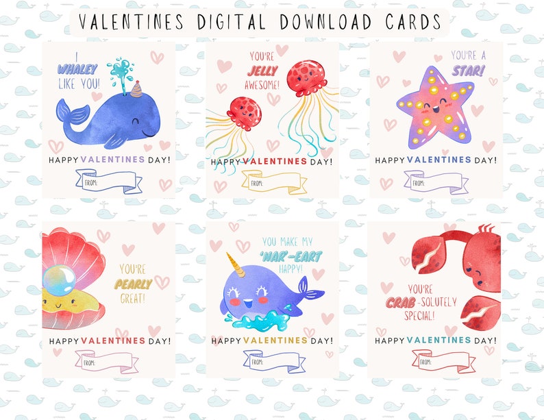 Valentines Day Cards Digital Download, Printable Sea Creature Theme ...