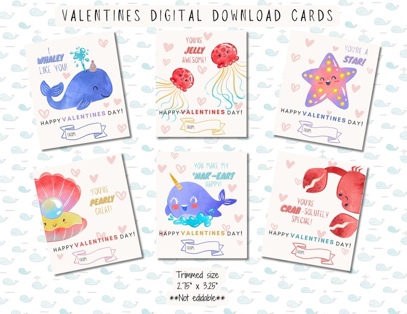 Valentines Day Cards Digital Download, Printable Sea Creature Theme ...