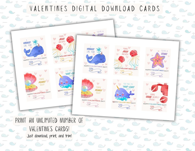 Valentines Day Cards Digital Download, Printable Sea Creature Theme ...