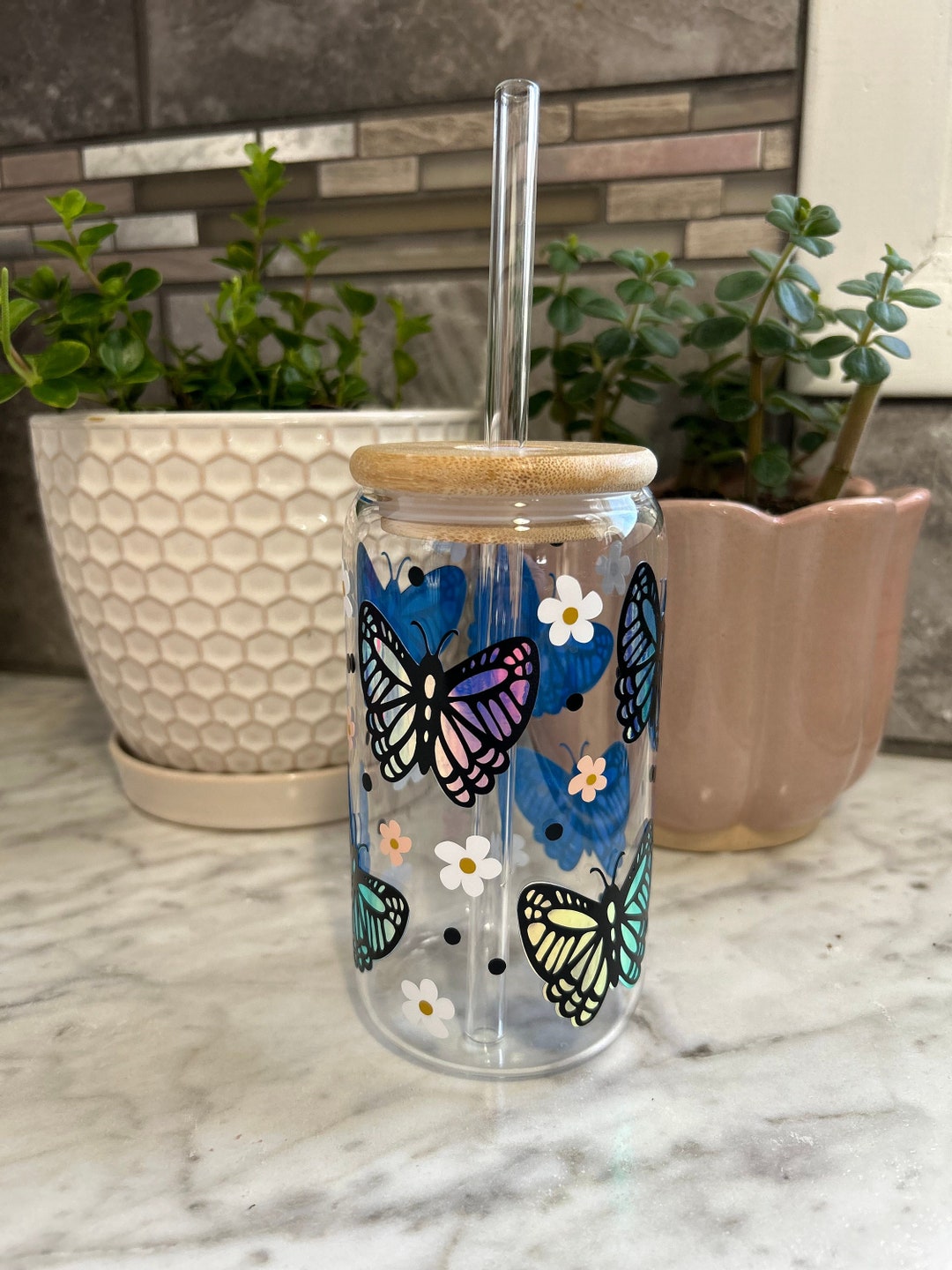 16oz Glass Butterfly Glass Cup - Etsy